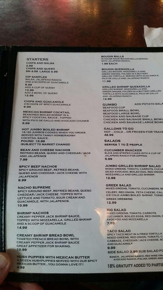 Menu at Tia Juanita's Fish Camp restaurant, Beaumont, Calder Ave