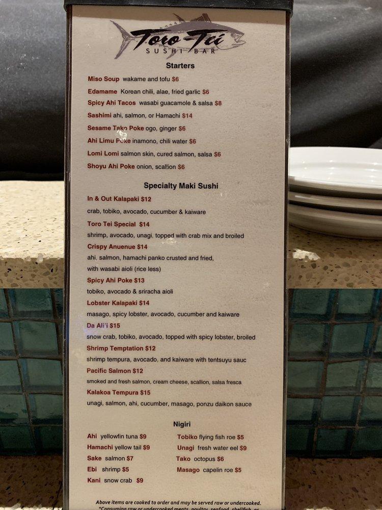 Menu at Toro Tei Sushi Bar, Lihue