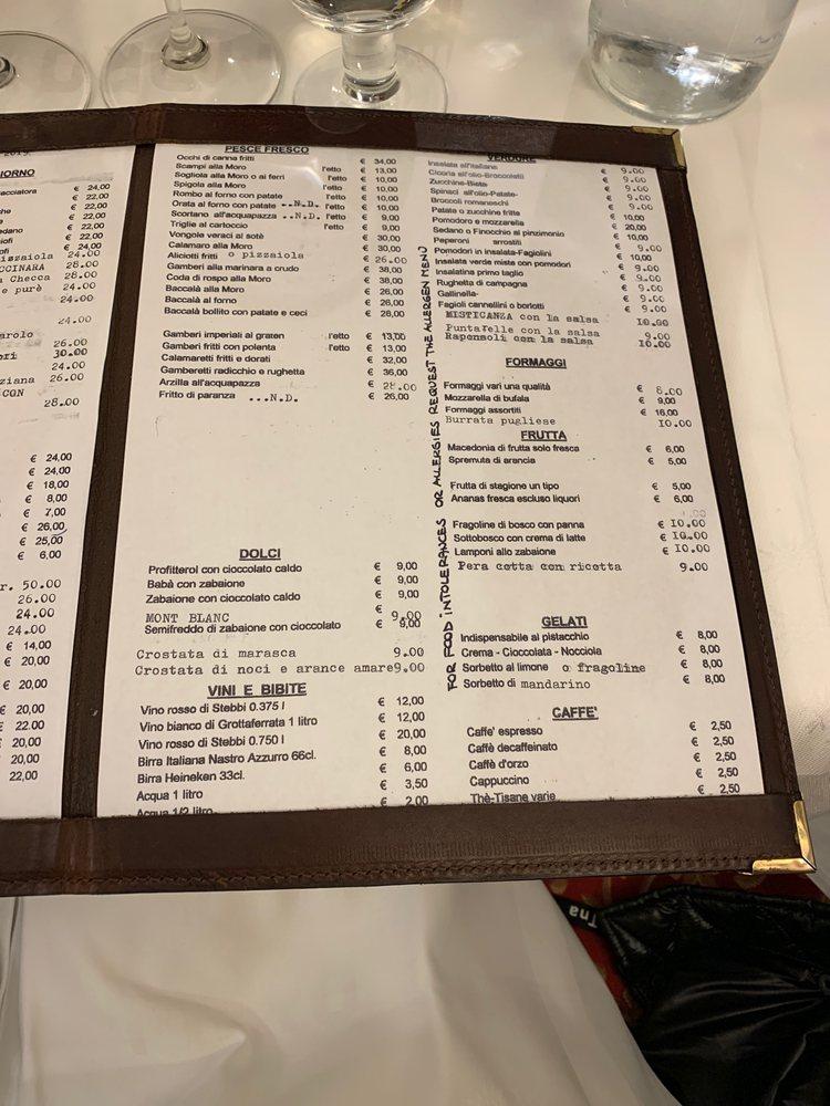 Menu at Trattoria al Moro restaurant, Rome, Vicolo delle Bollette