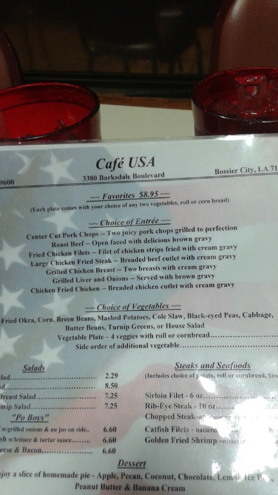 Menu at Cafe USA, Bossier City