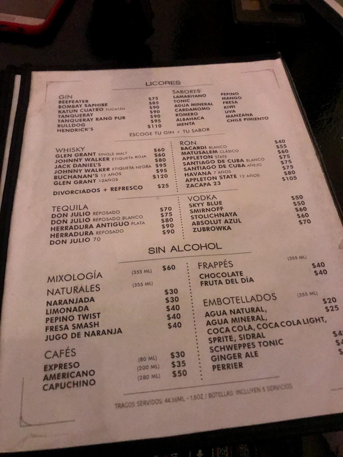 Carta de Casa Chica Bar, Merida, Paseo de Montejo 498 Entre calle 47 y 45