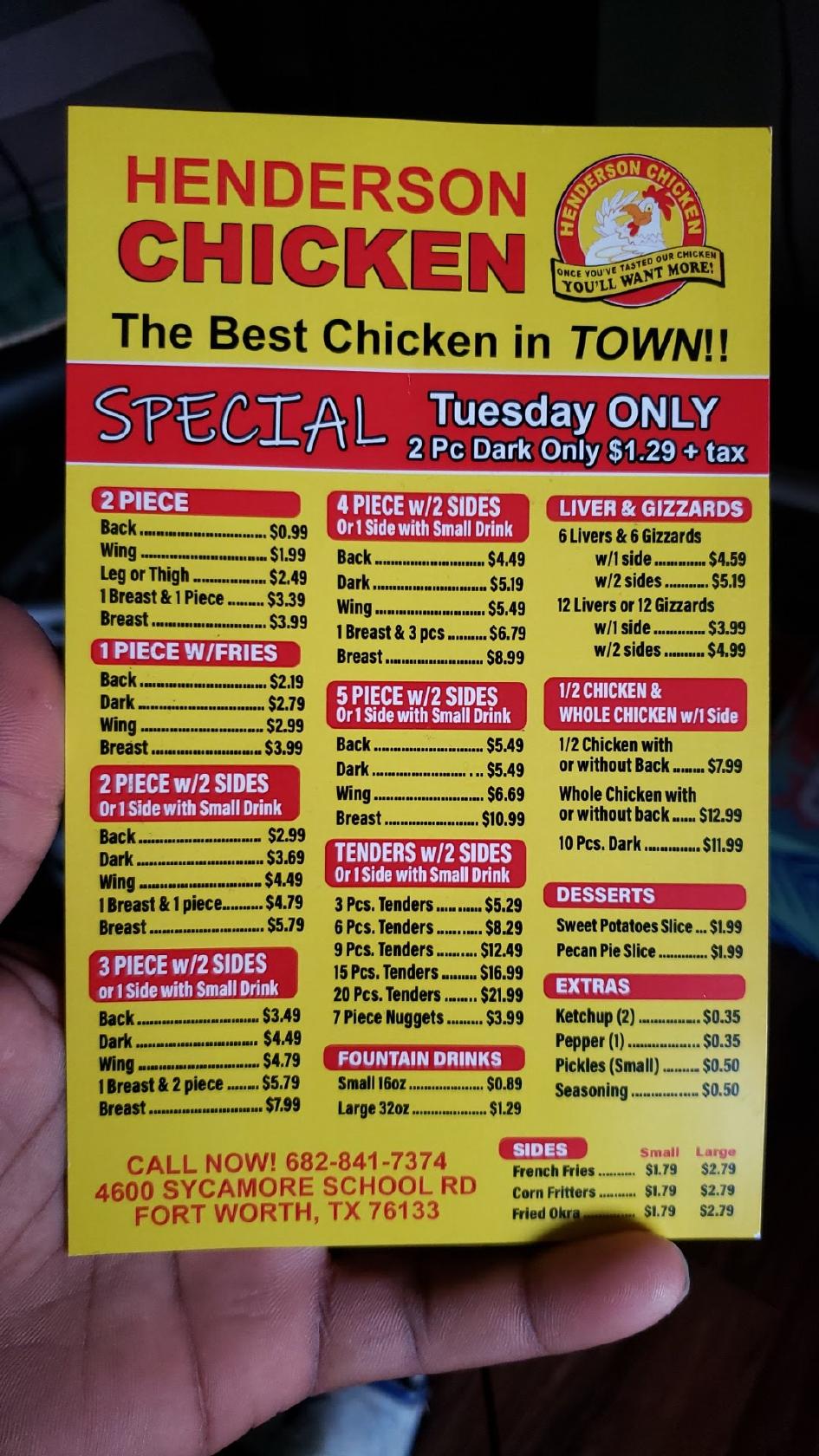 Menu at Henderson Chicken restaurant, Fort Worth