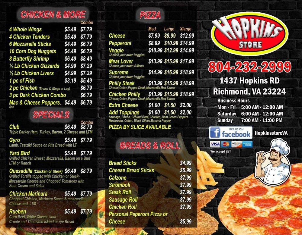 Menu at Hopkins Store pizzeria, Richmond