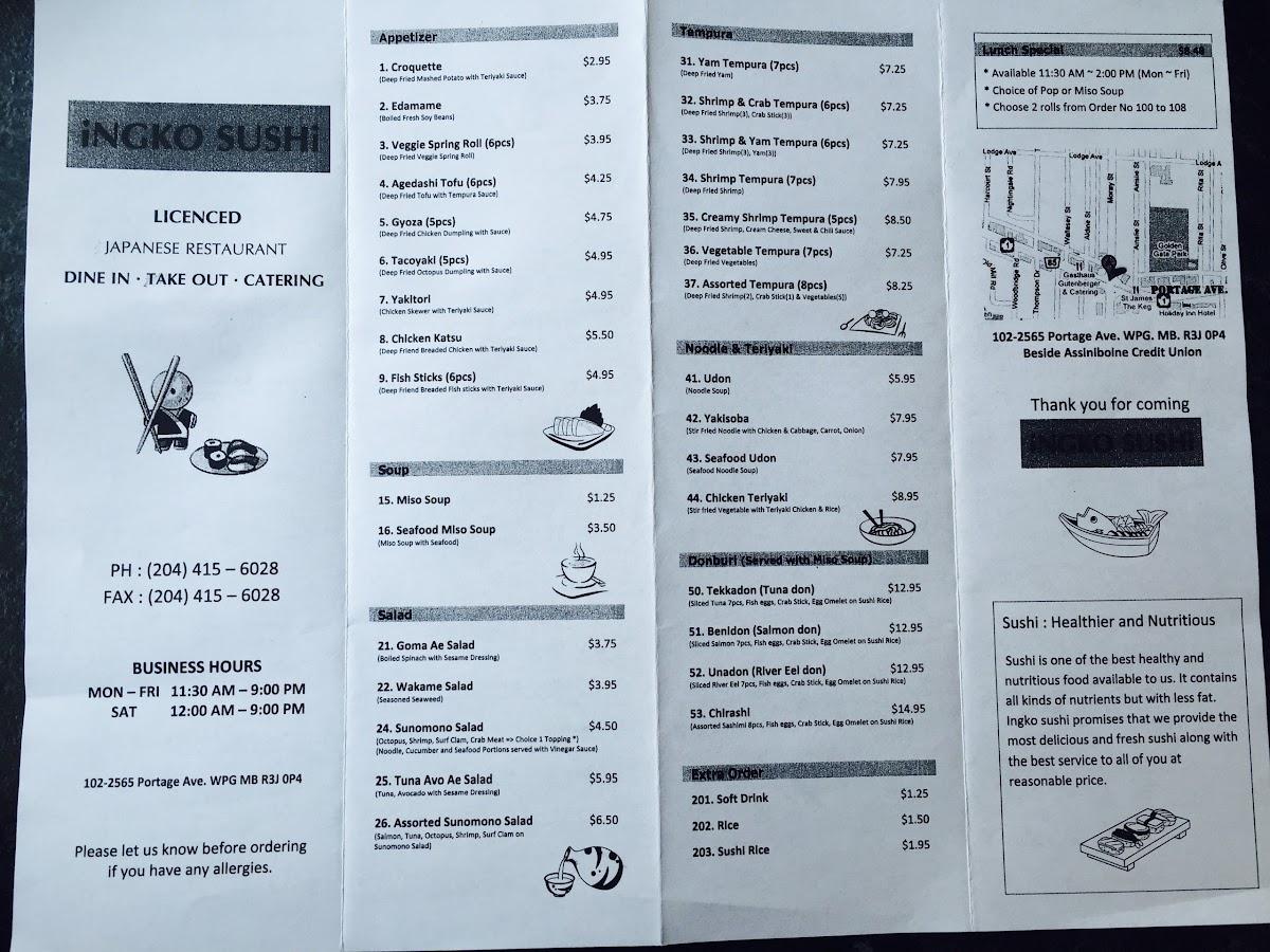Menu at INGKO SUSHI restaurant, Winnipeg