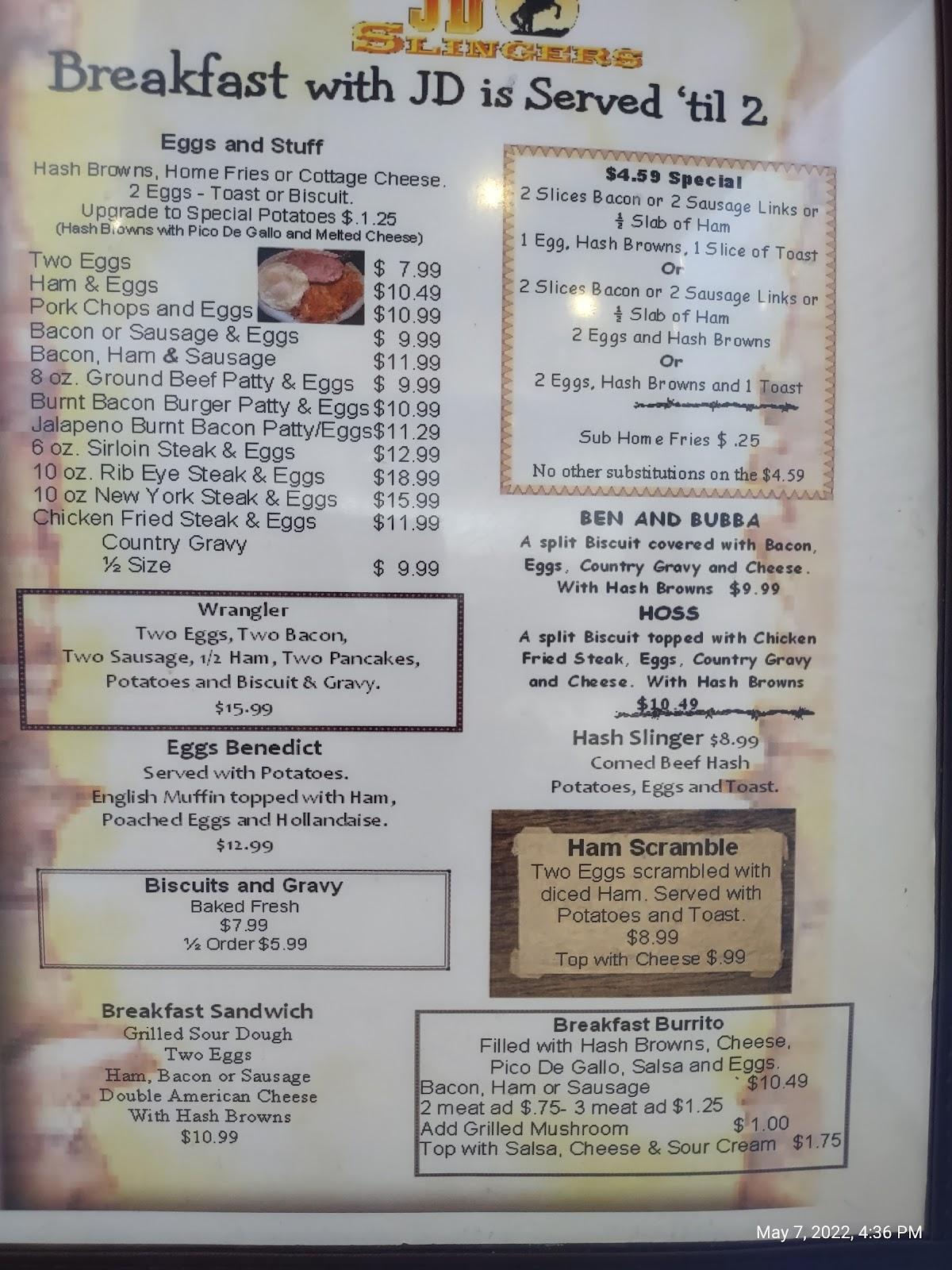 Menu at J D Slinger's Steakhouse, Fallon