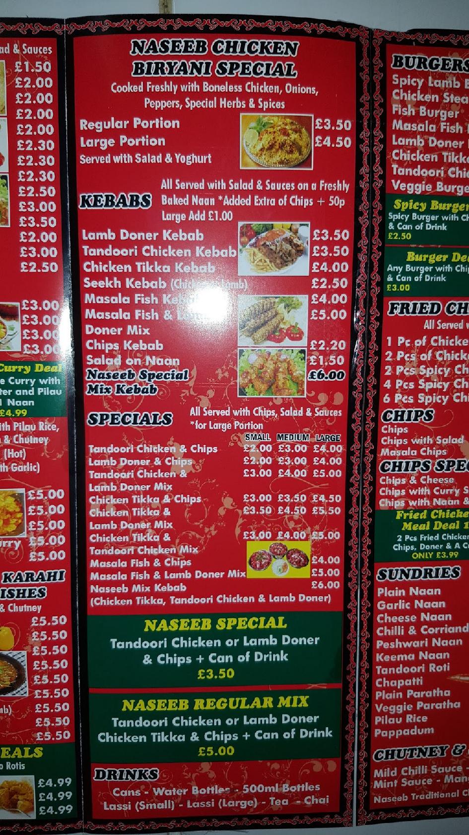 Menu at Naseeb Takeaway fast food, Nottingham