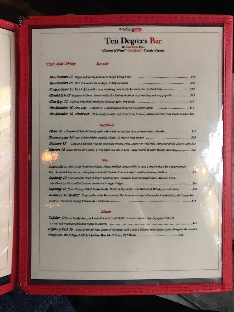 Menu at Ten Degrees pub & bar, New York City, 121 St Marks Pl