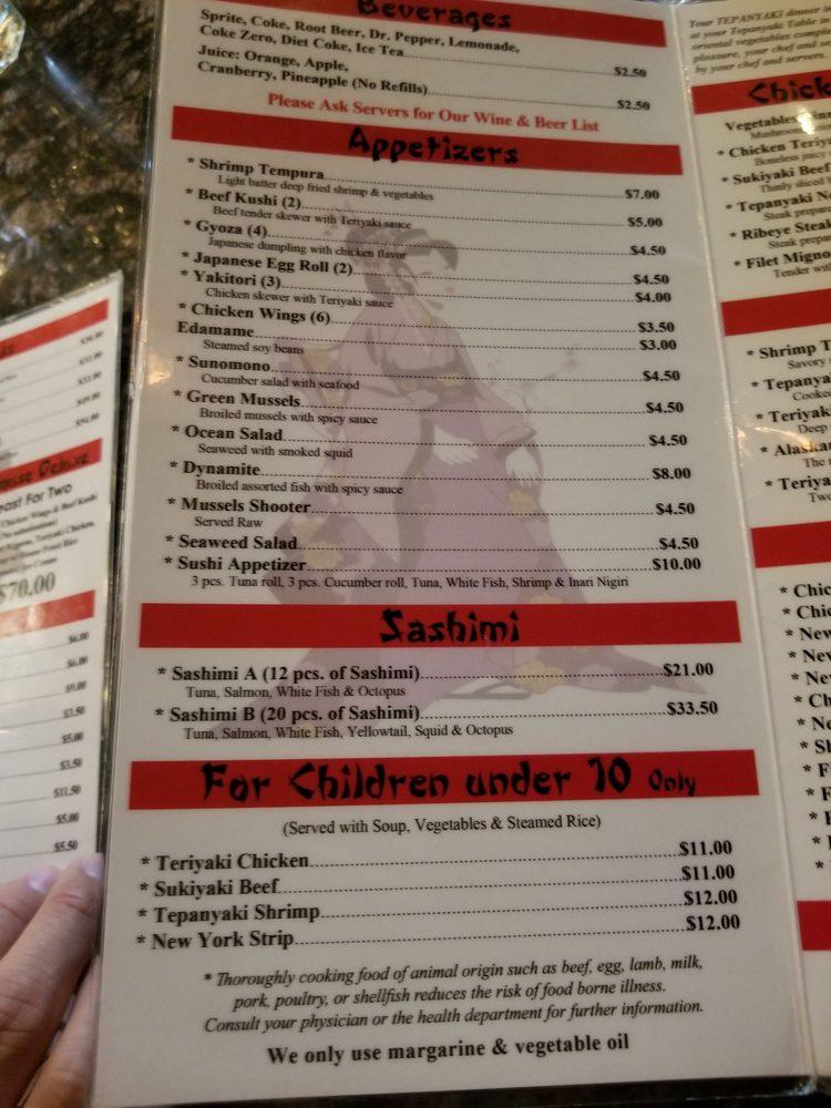 Menu at Tepanyaki Japanese Steakhouse & Sushi Bar, Clearfield