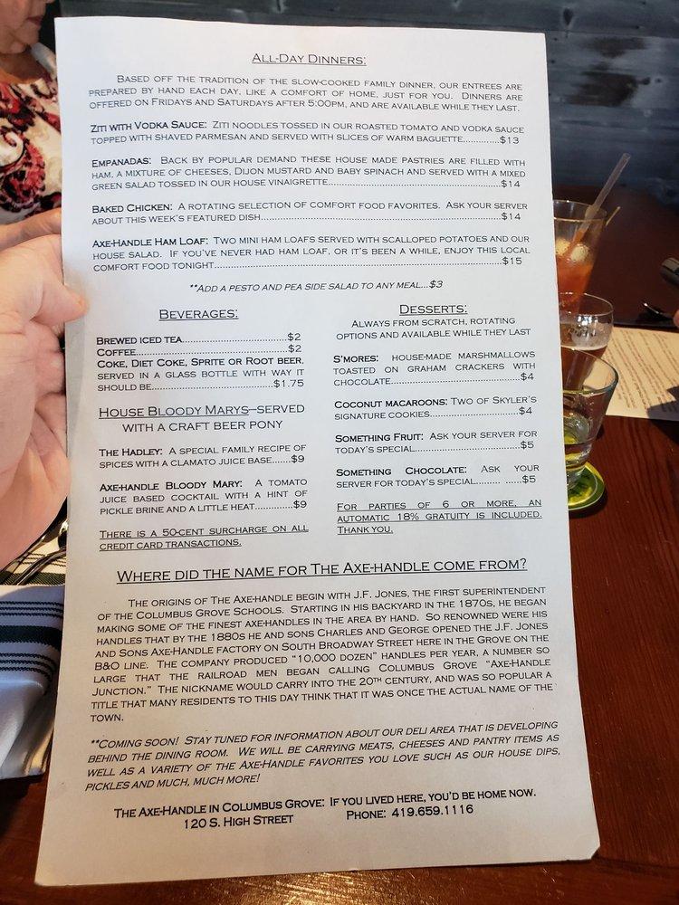 Menu at The Axe-Handle restaurant, Columbus Grove
