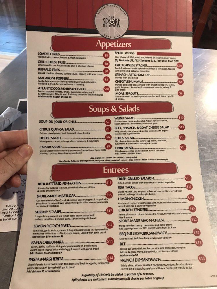Menu at The Spoke on Center restaurant, Moab