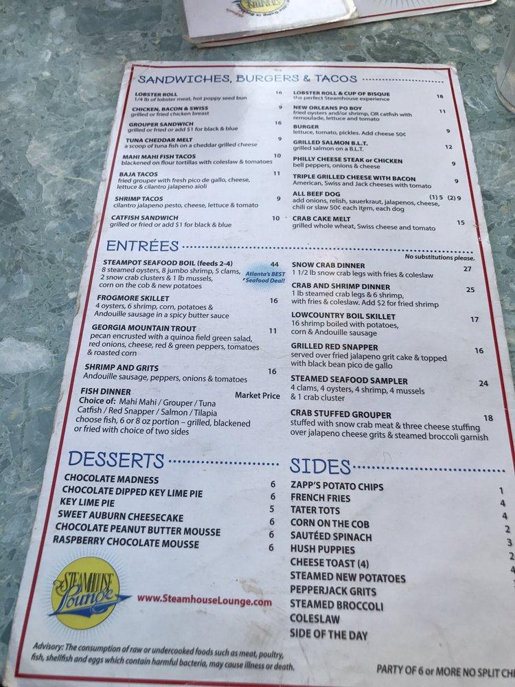 Menu at The Steamhouse Lounge pub & bar, Atlanta, W Peachtree St NW