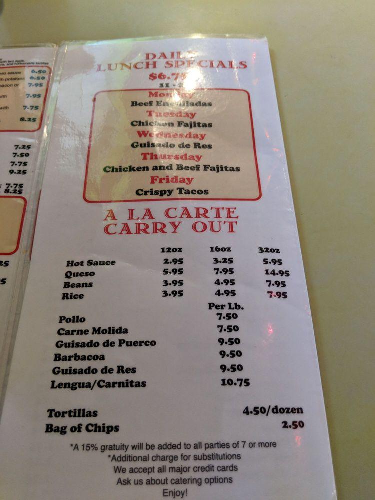 Menu at Tipico's restaurant, Dallas