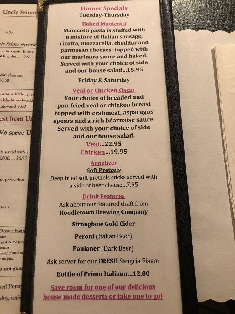 Menu at Uncle Primo's steakhouse, New Philadelphia