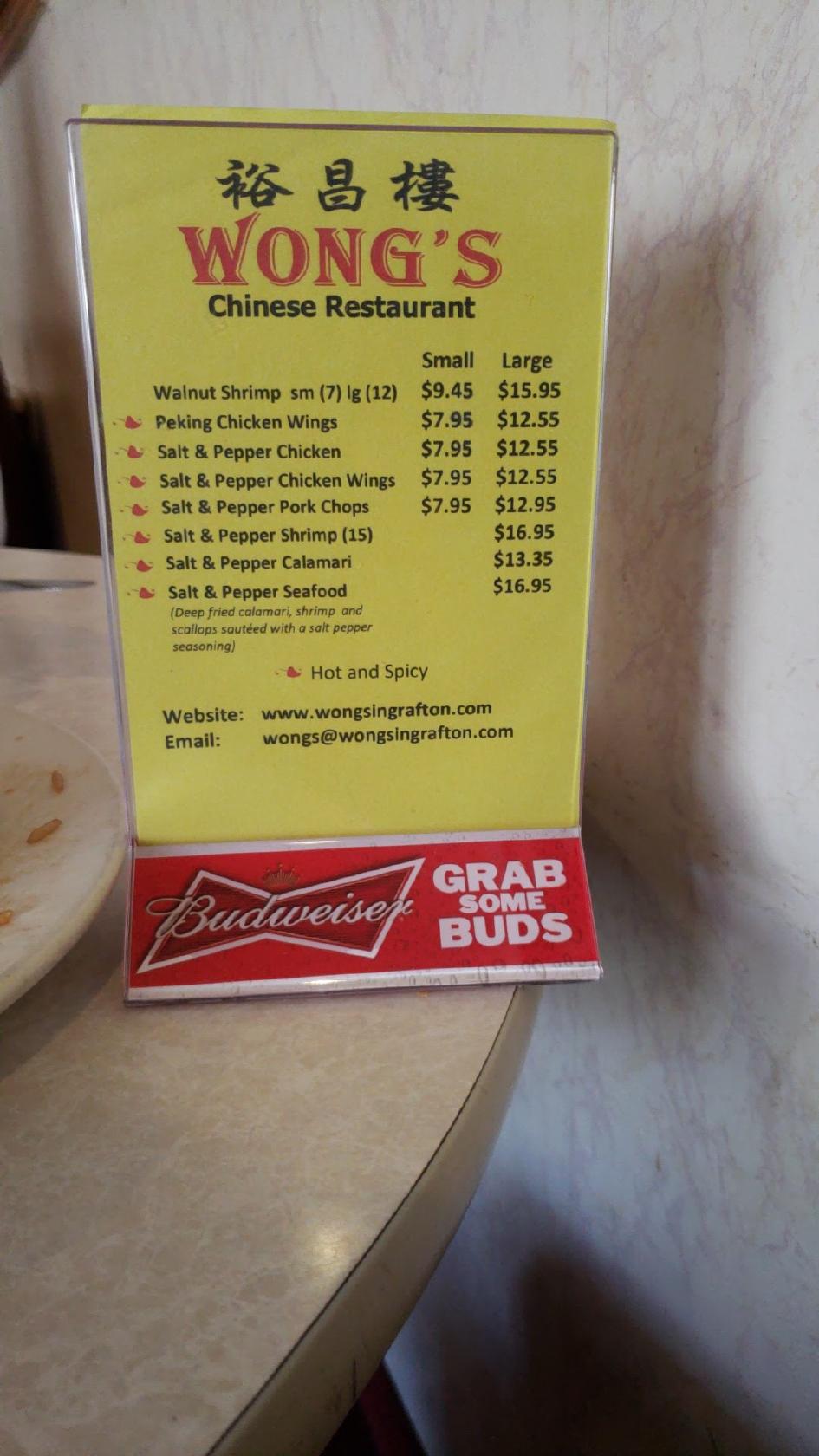 Menu at Wong's restaurant, Grafton