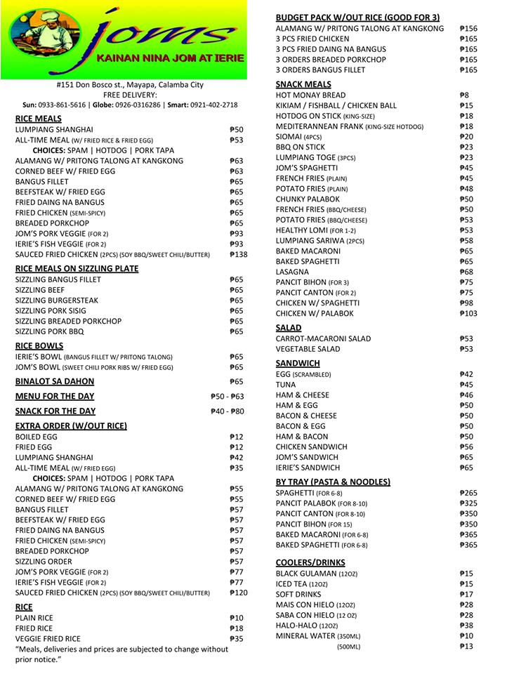 Menu at joms( Kainan Nina jom At ierie) restaurant, Calamba