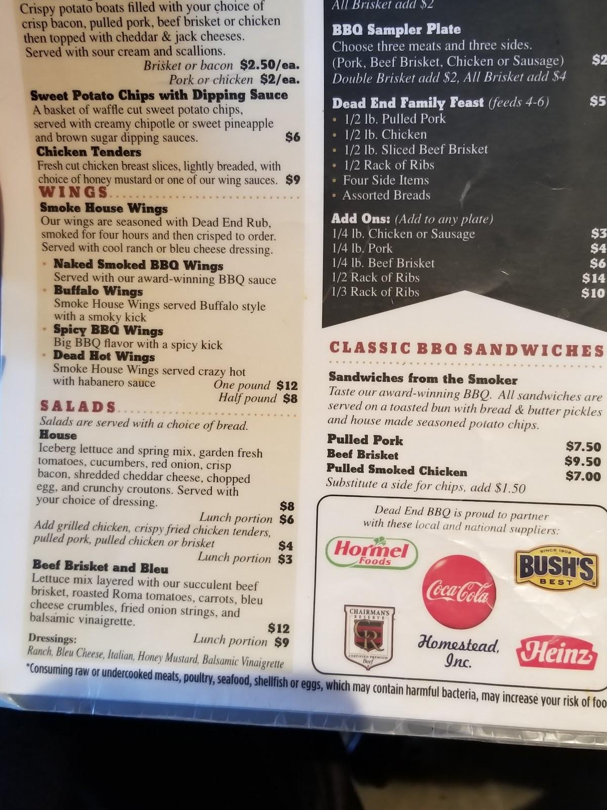 Menu at Dead End BBQ, Knoxville, Sutherland Ave