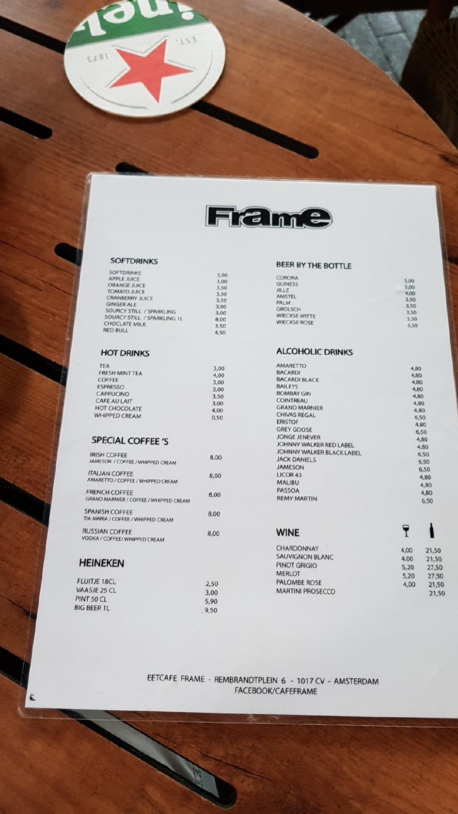 Menu at Frame, Amsterdam