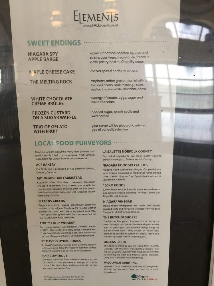 Menu at Elements on the Falls restaurant, Niagara Falls