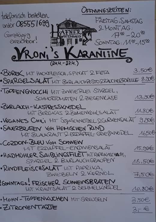 Speisekarte von Hafner Wirtshaus restaurant, Perlesreut