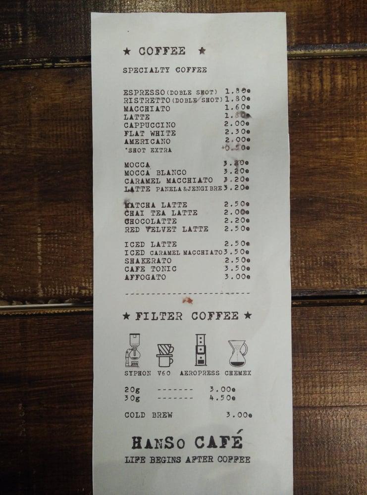 Carta de HanSo Café, Madrid, C. del Pez