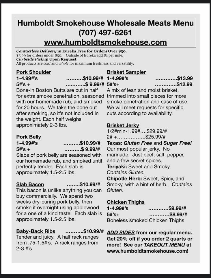 Menu at Humboldt Smokehouse BBQ, Eureka