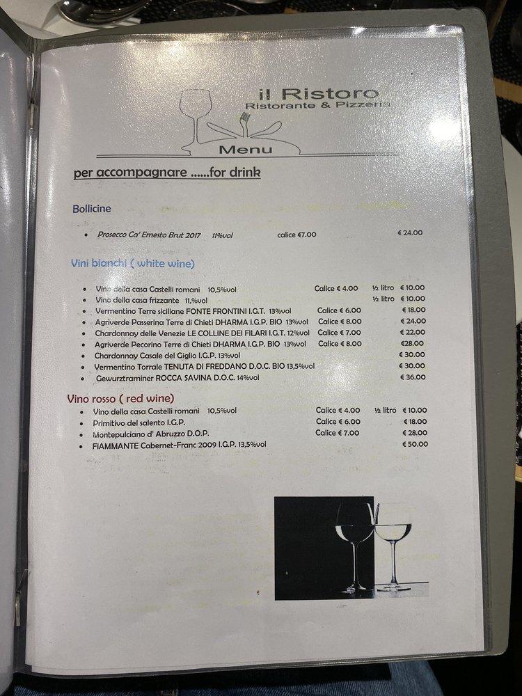 Menu at Il Ristoro restaurant, Rome, Via Giuseppe Palombini