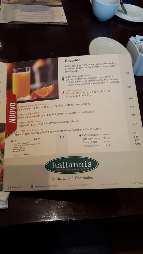 Menu at Italianni's restaurant, Merida, C. 7 # 241