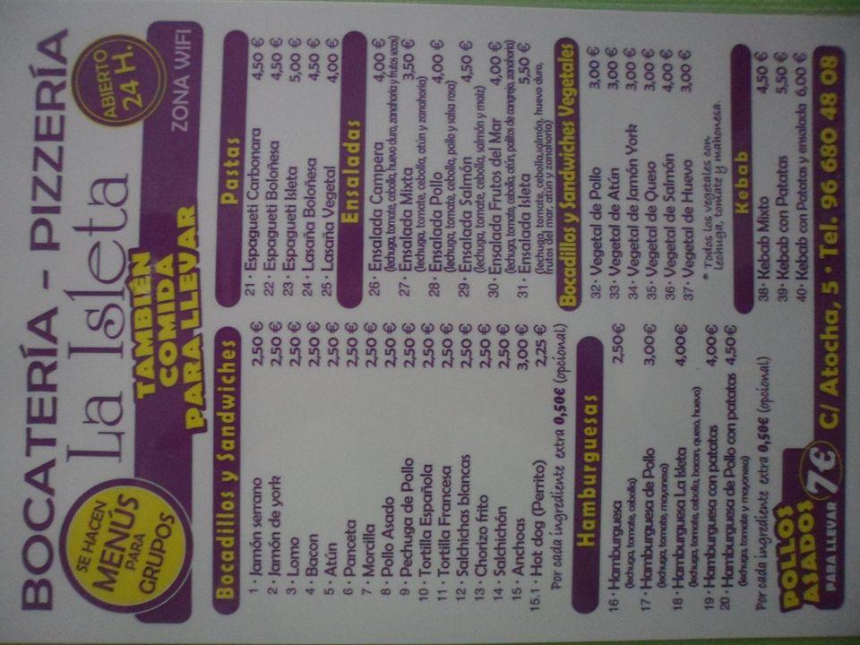 Carta de La Isleta pizzera kebab y restaurante, Benidorm