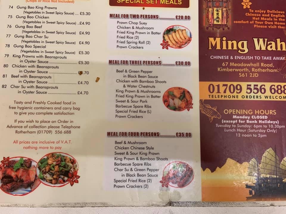 Menu at Ming Wah fast food, Rotherham, 67 Meadowhall Rd
