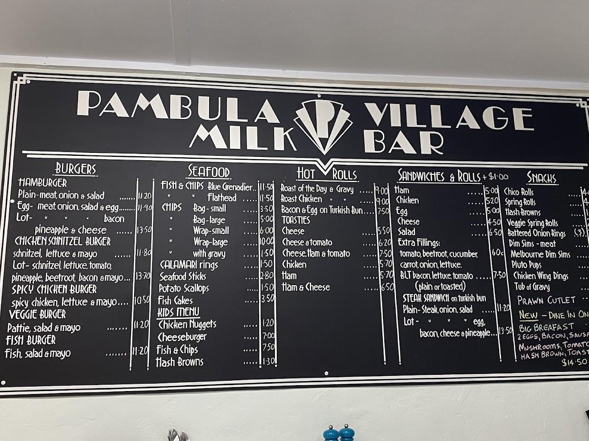 Menu at Pambula Village Milk Bar, Pambula