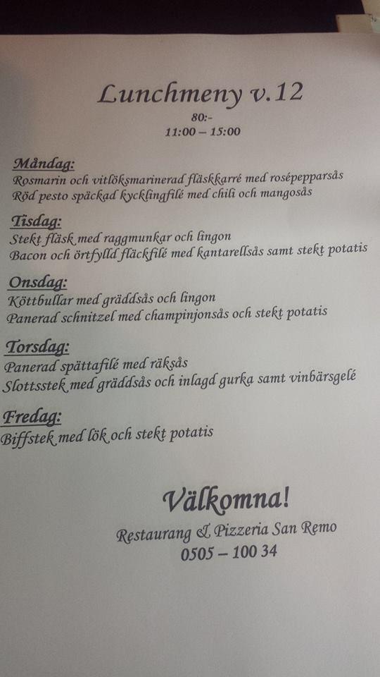 Menu at San Remo Pizzeria, Karlsborg