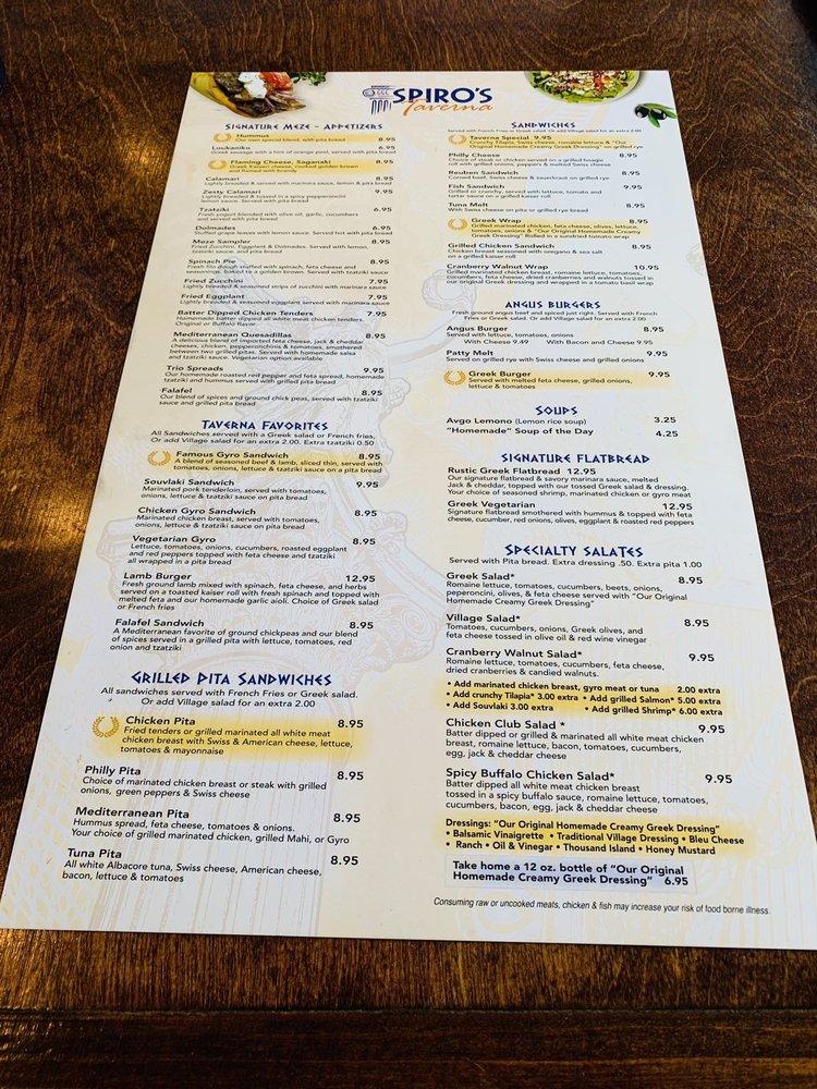 Menu at Spiro's Taverna pub & bar, Port St. Lucie
