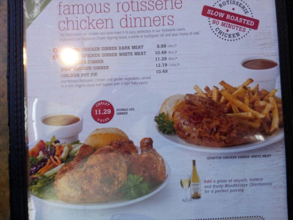 Menu at Swiss Chalet restaurant, Toronto, 853 Milner Ave