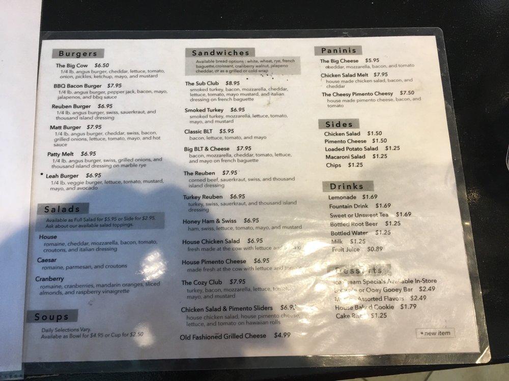 Menu at The Cozy Cow cafe, Huntsville