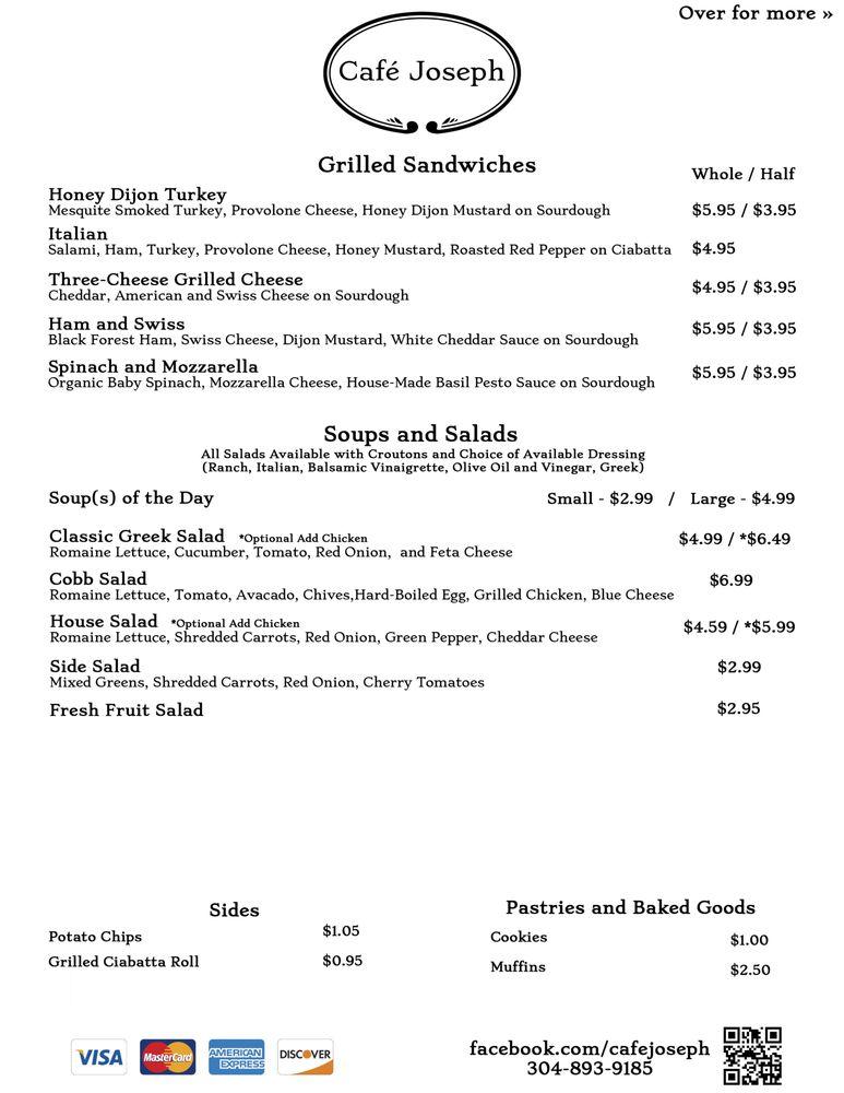 Menu at Cafe Joseph, Parkersburg