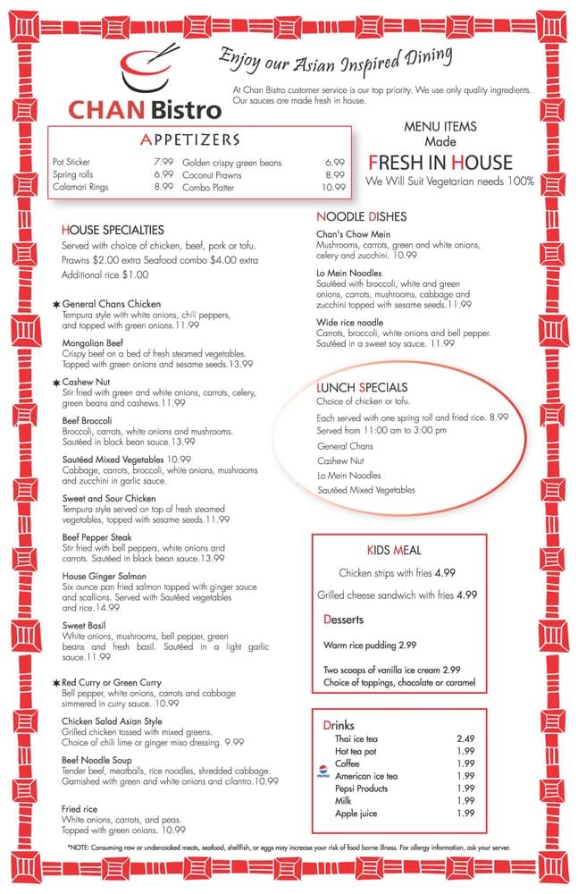 Menu at Chan Bistro restaurant, Spokane Valley