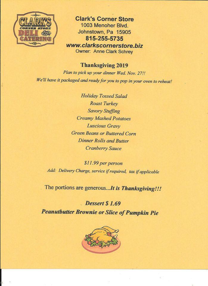 Menu at Clark's Corner Store pizzeria, Johnstown