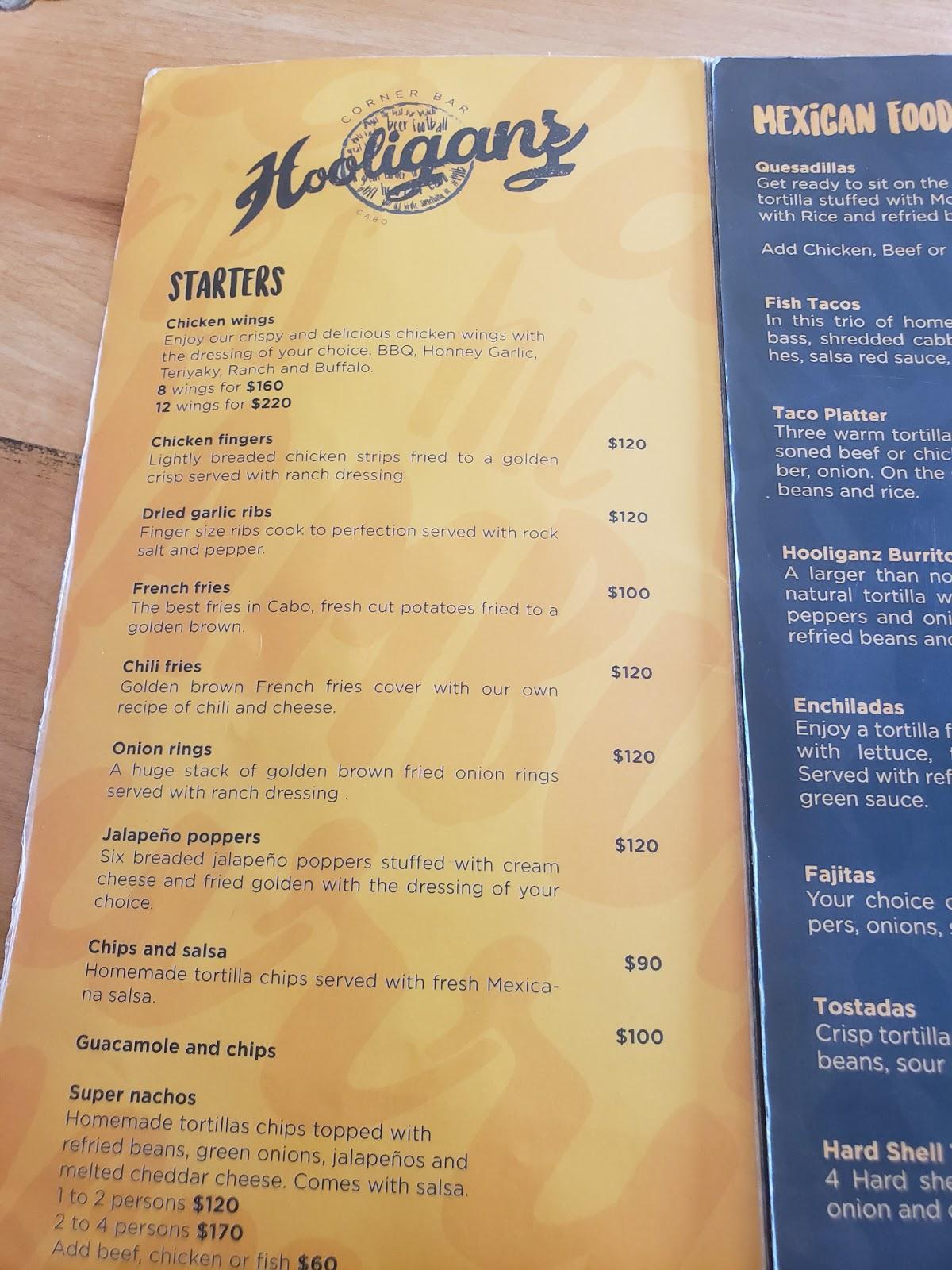 Menu at Hooliganz Corner pub & bar, Cabo San Lucas
