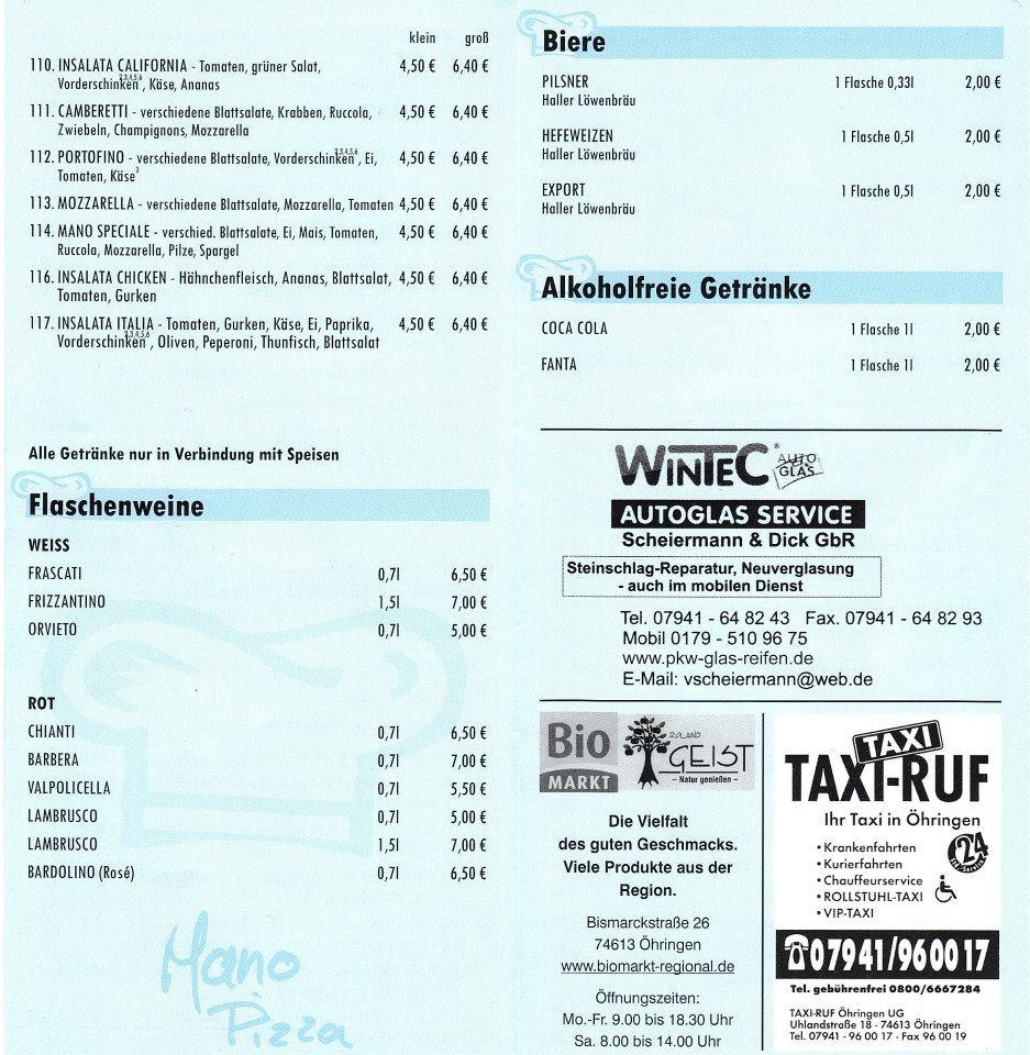 Speisekarte von Mano Pizza, Öhringen