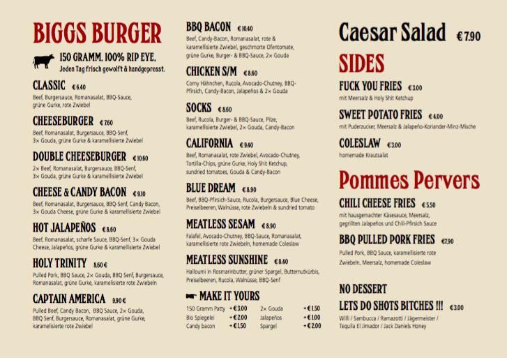 Speisekarte von Ronnie Biggs - Burger & Drinks pub & Bar, Ulm