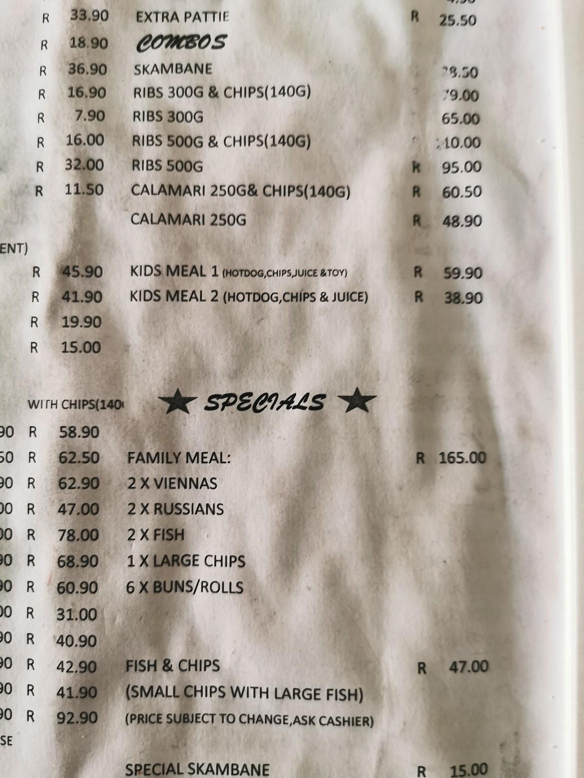 Menu at Slap Chips restaurant, Vanderbijlpark
