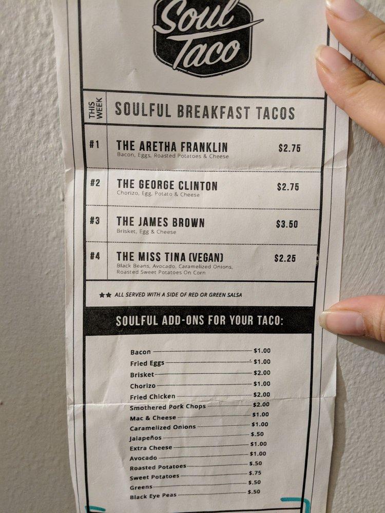 Menu at Soul Taco (Food Truck) restaurant, Houston, 732 W 27th St