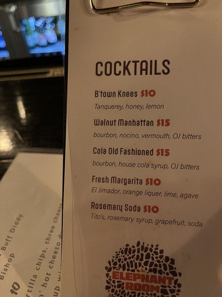 Menu at The Elephant Room restaurant, Detroit