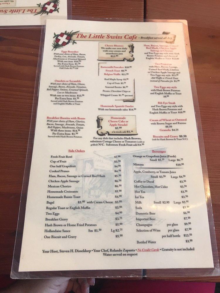 Menu at The Little Swiss Café cafe, Carmel-by-the-Sea
