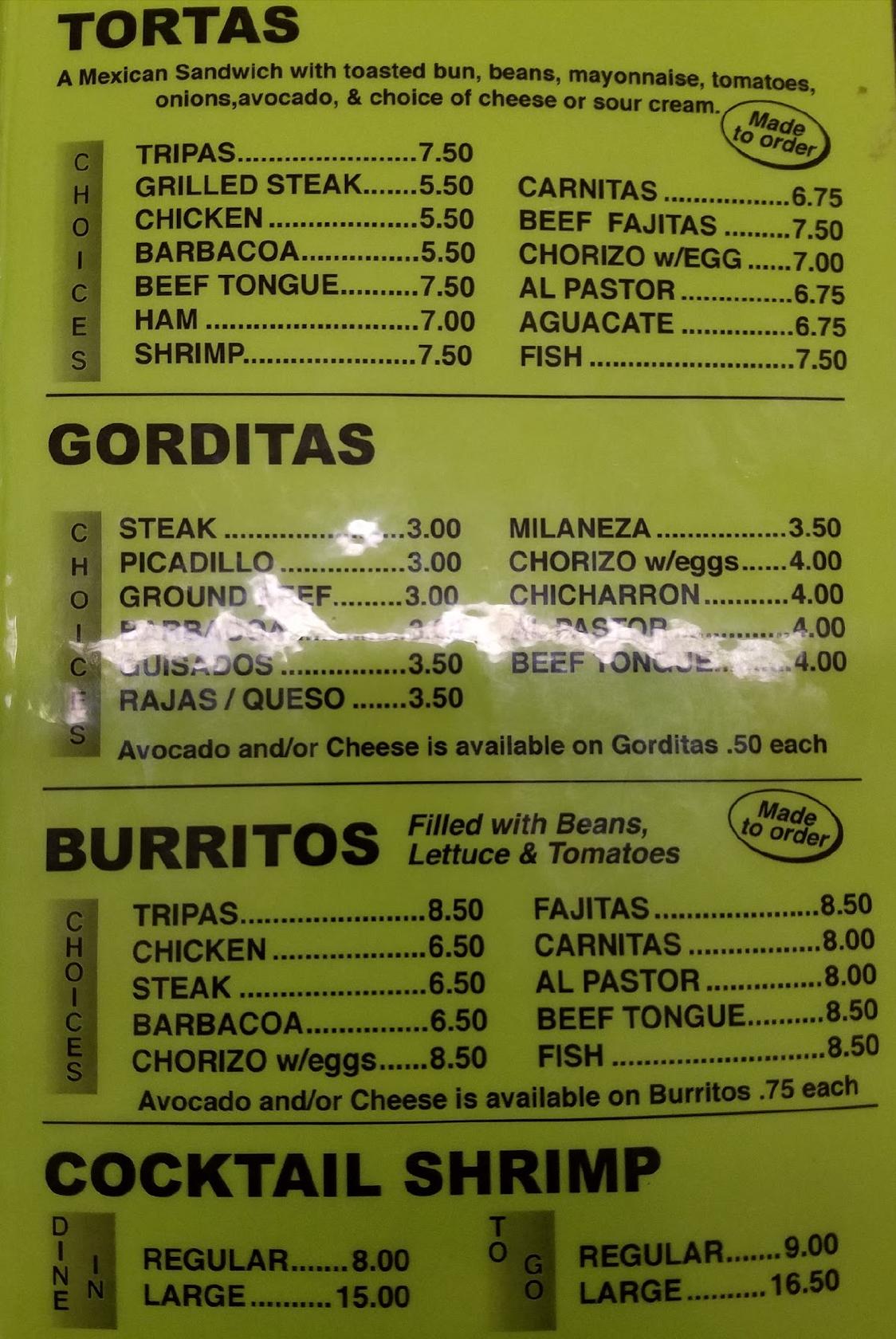 Menu at El Olmito Mexican Grocery restaurant, Muscatine