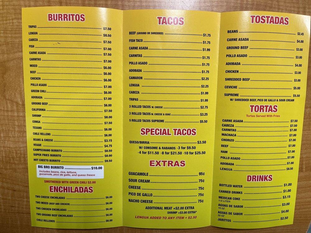 Menu at Gilberto's Taco Shop restaurant, Arlington