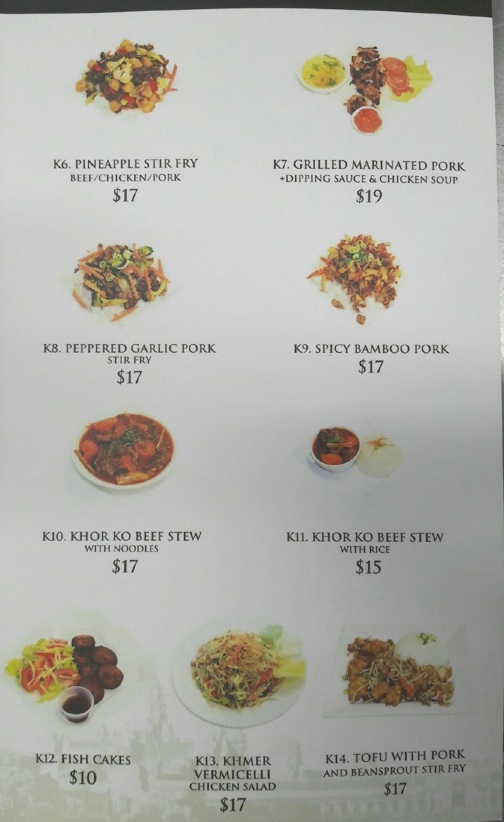 Menu at Khmer Cambodian Cuisine restaurant, Christchurch