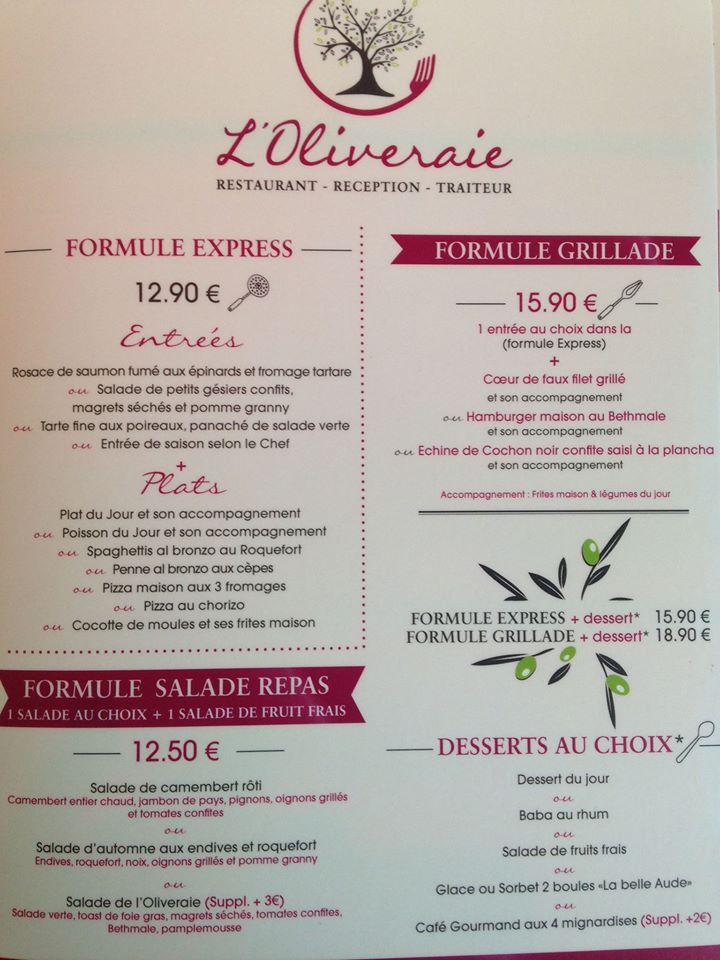 Menu at L'Oliveraie restaurant, Carcassonne