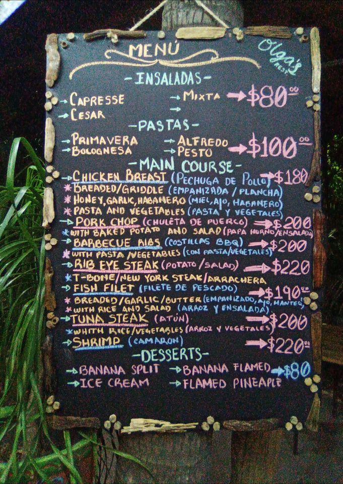 Menu at Restaurant Olga's, Zihuatanejo, Río Papaloapan