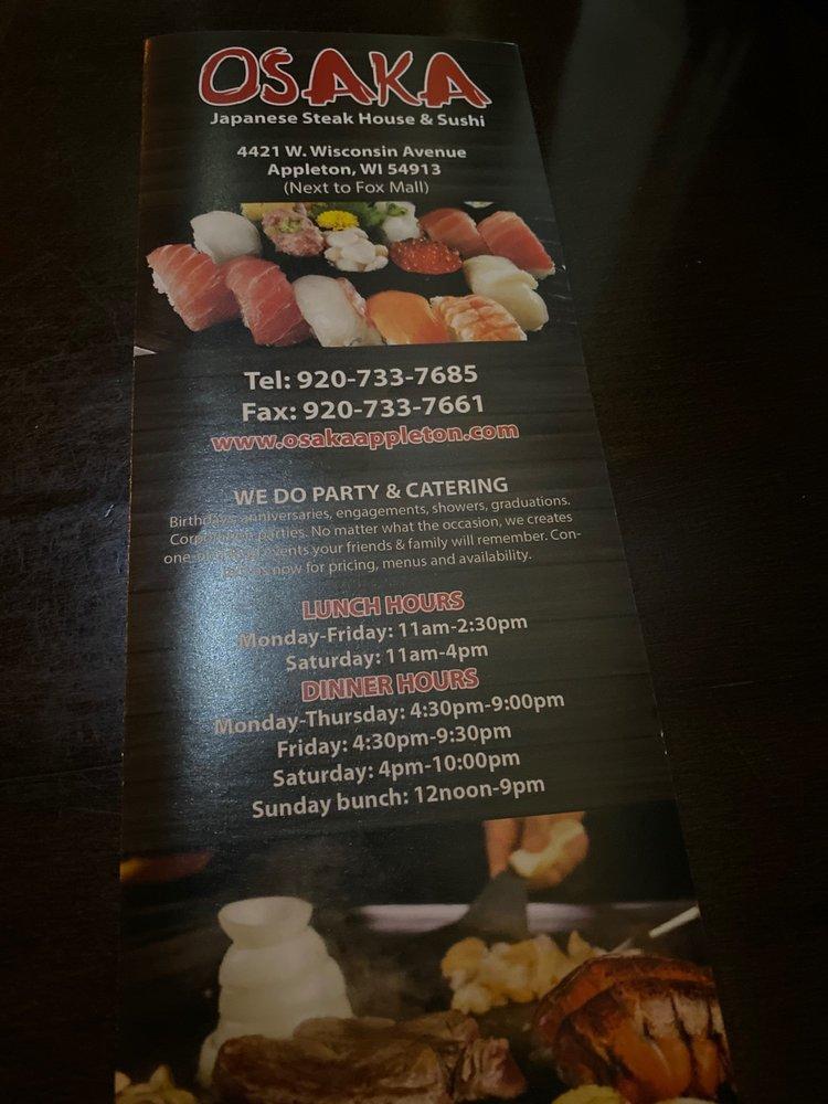 Menu at Osaka hibachi & Sushi Appleton restaurant, Appleton